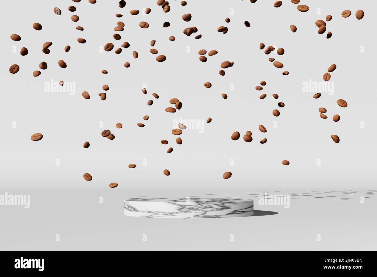 Falling coffee beans on empty marble podium white background harsh ...