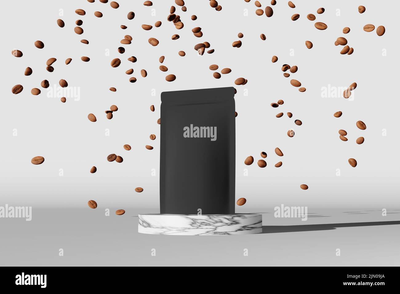 Black pouch bag mockup falling coffee beans marble podium white ...