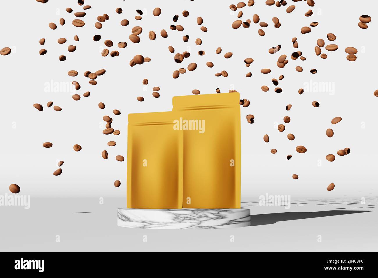Golden pouch bag mockup falling coffee beans marble podium white ...