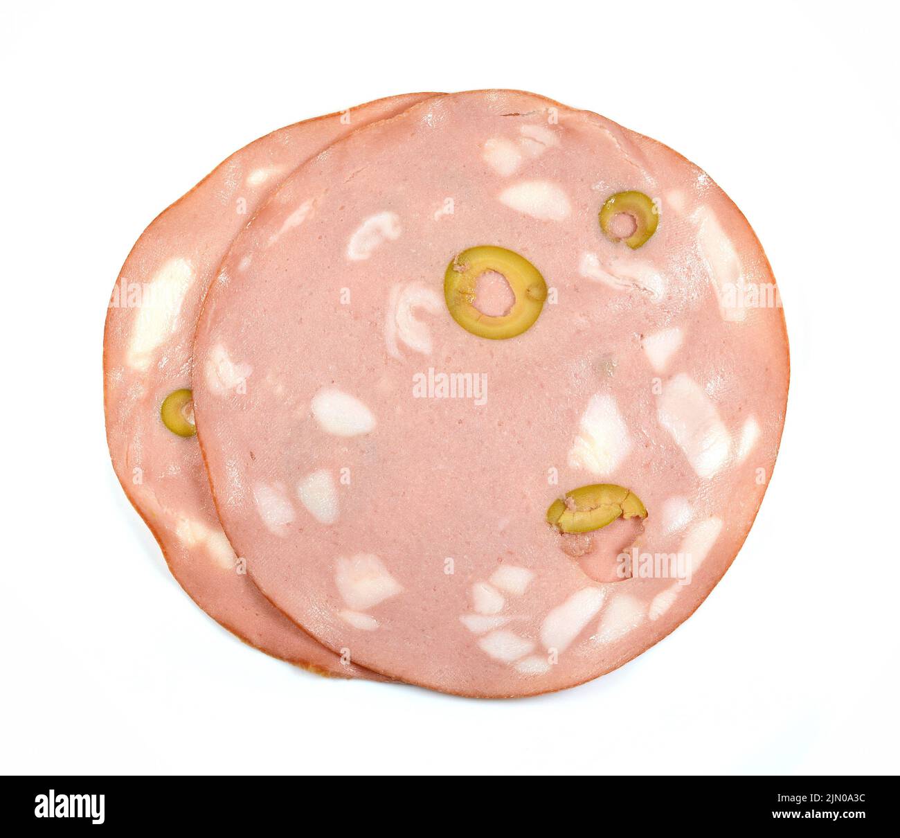 Slices of Sausage Mortadella with olives isolated on white background ...