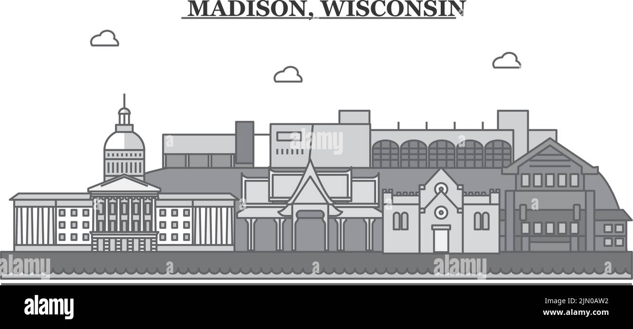 United States, Madison city skyline isolated vector illustration, icons ...