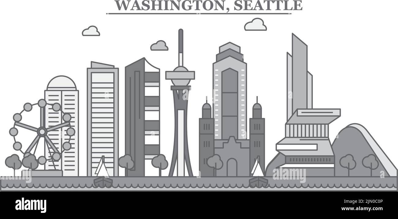 United States, Seattle city skyline isolated vector illustration, icons ...