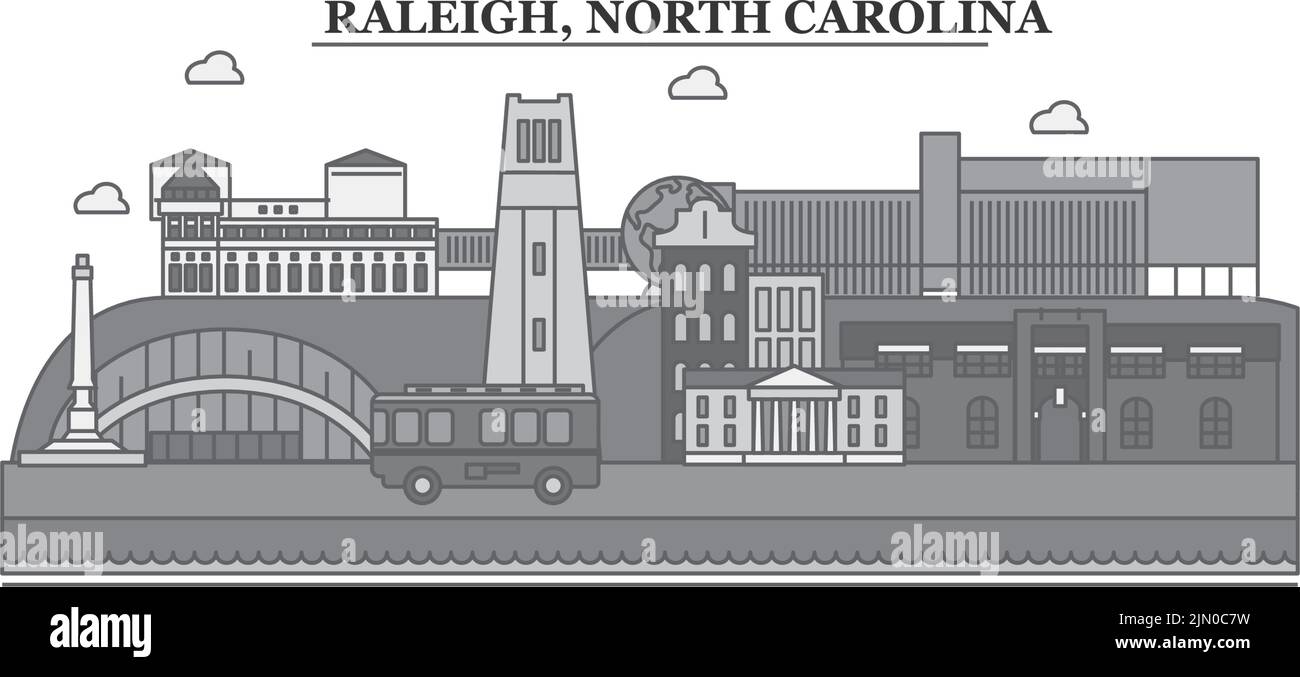 United States, Raleigh city skyline isolated vector illustration, icons ...