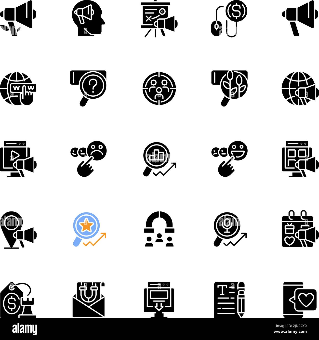 Feedback and marketing black glyph icons set on white space Stock ...
