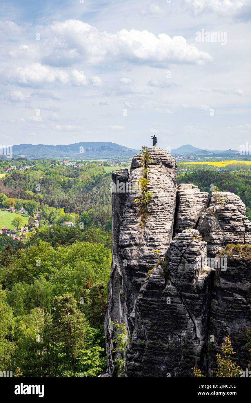 A vertical shot of Saxon Switzerland Mountains covered with greenery in ...