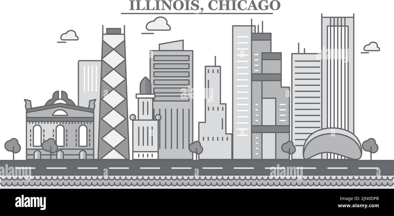 United States, Chicago city skyline isolated vector illustration, icons ...