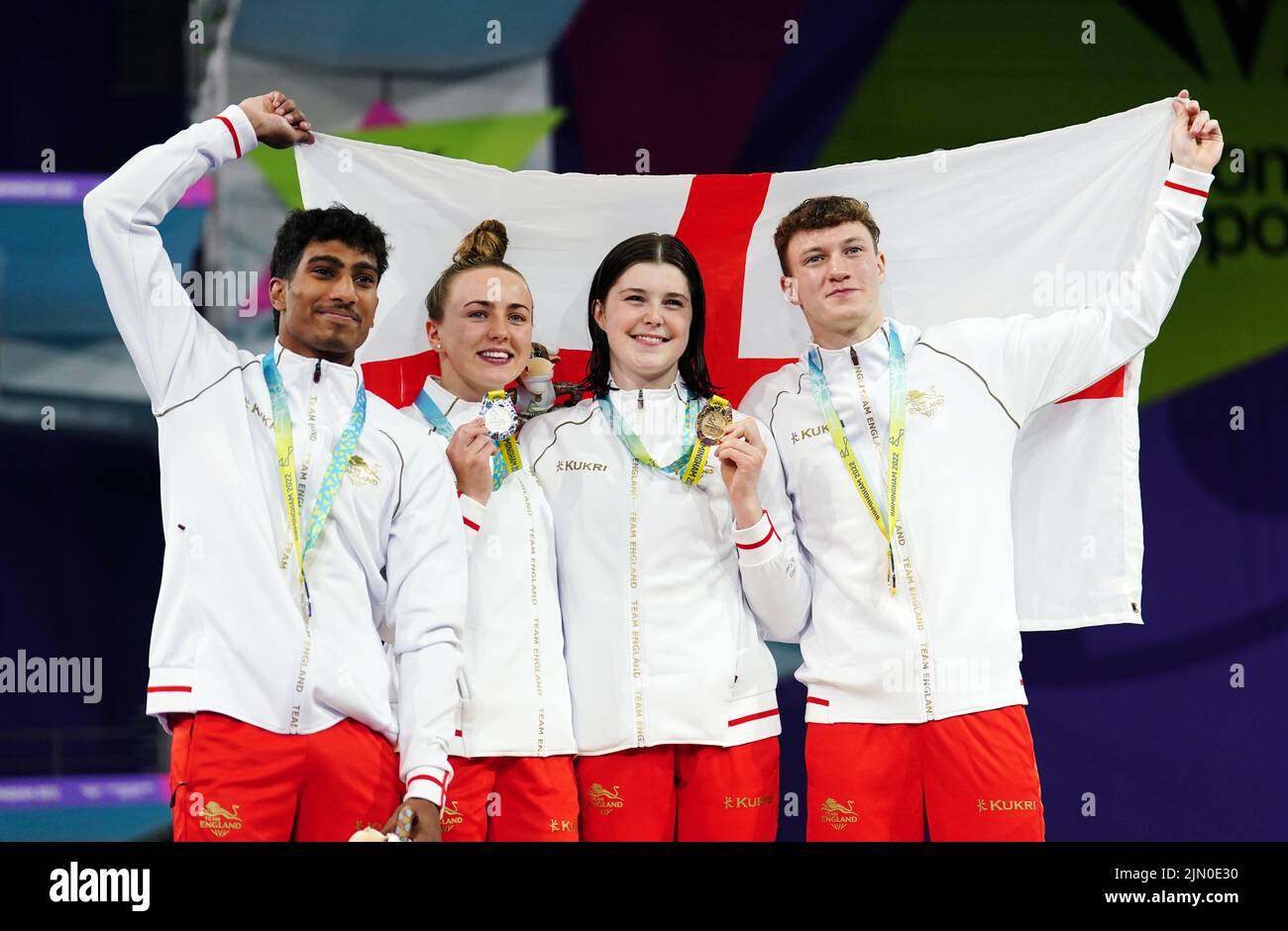 England's Kyle Kothari (left) and Lois Toulson with thier Silver medals ...