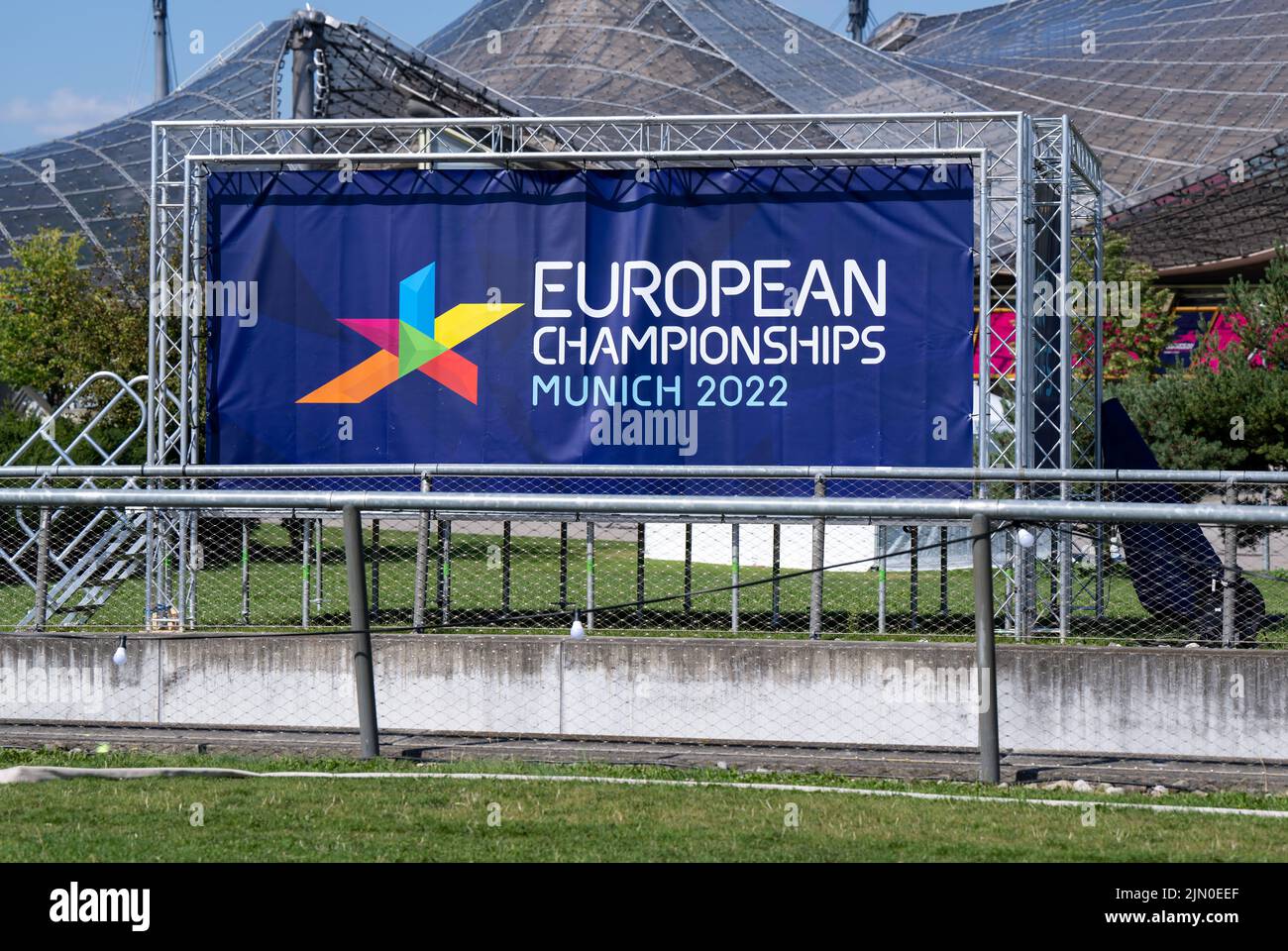 Munich, Germany. 08th Aug, 2022. A poster with the logo of the "European Championships 2022" can ...