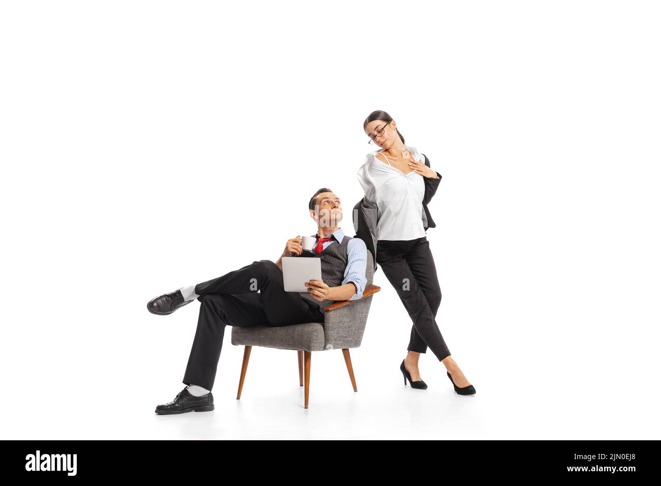 Portrait of man and woman, employees working together isolated on white ...
