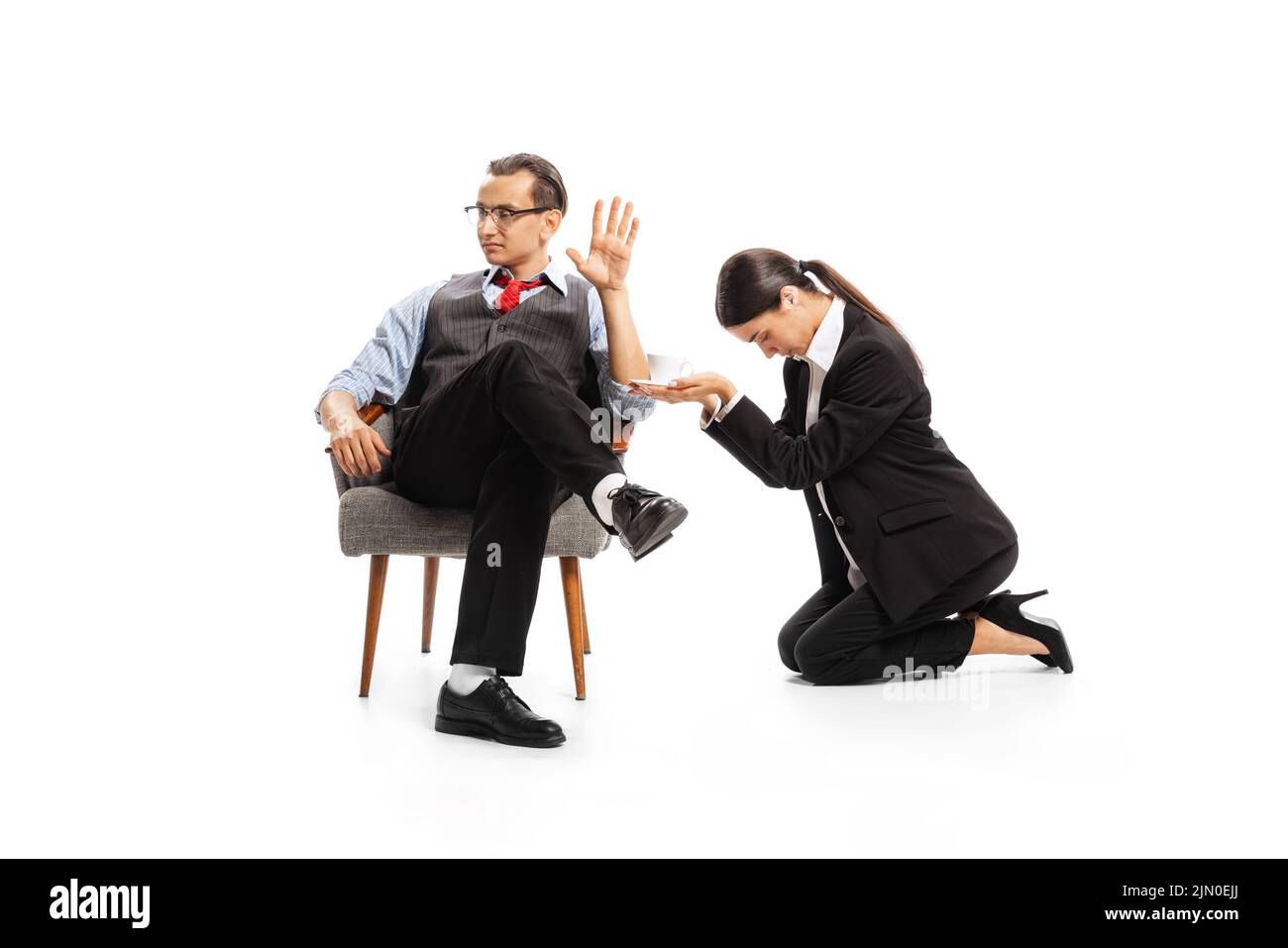 Portrait of man, office manager and woman, employee isolated over white ...