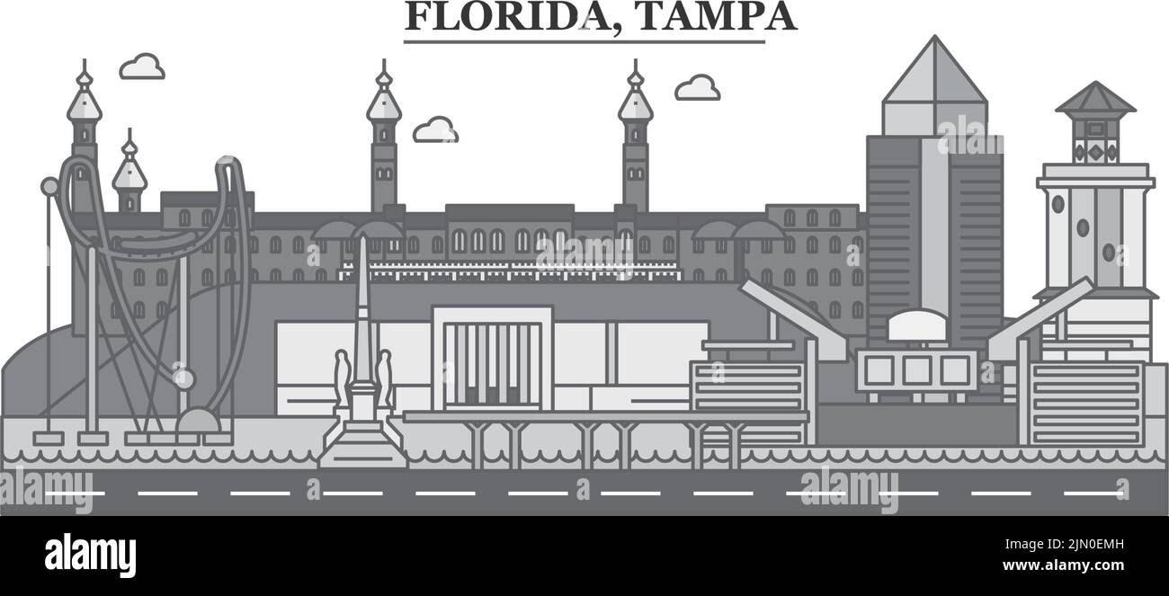 United States, Tampa city skyline isolated vector illustration, icons ...