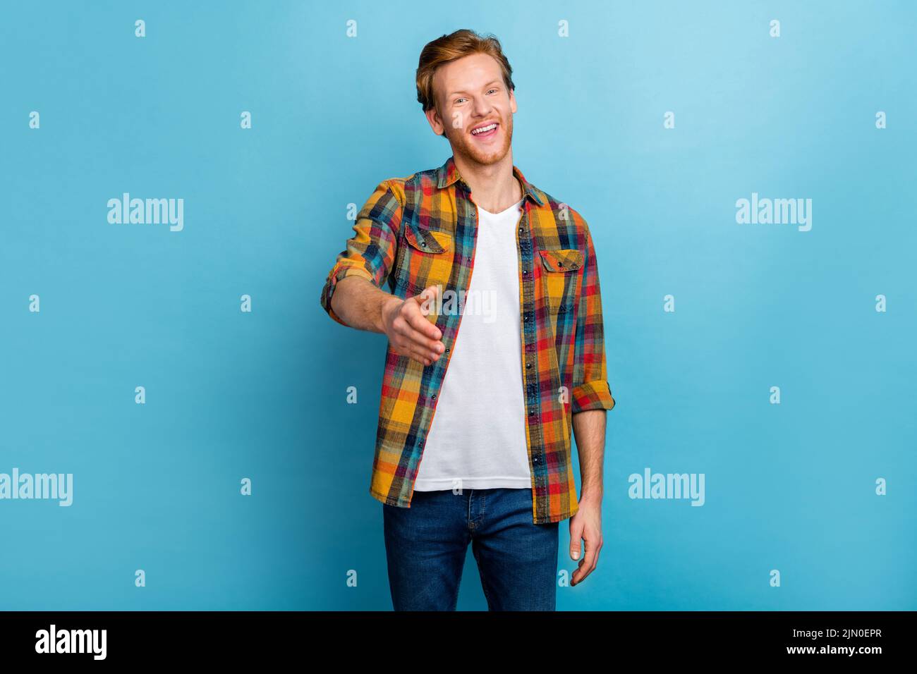Photo of handsome positive good mood redhead guy dressed checkered ...
