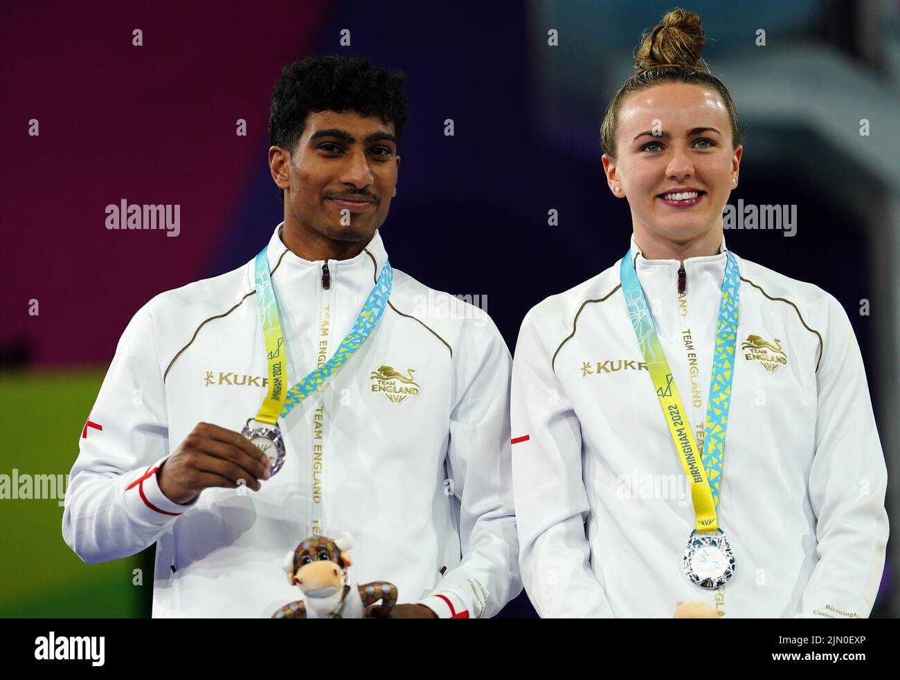 England's Kyle Kothari and Lois Toulson (left) with thier Silver medals ...