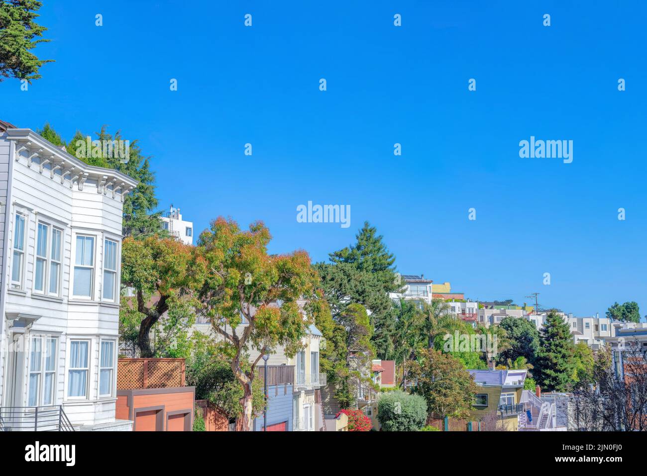 Dense houses in the suburbs of San Francisco, California. Side view of ...