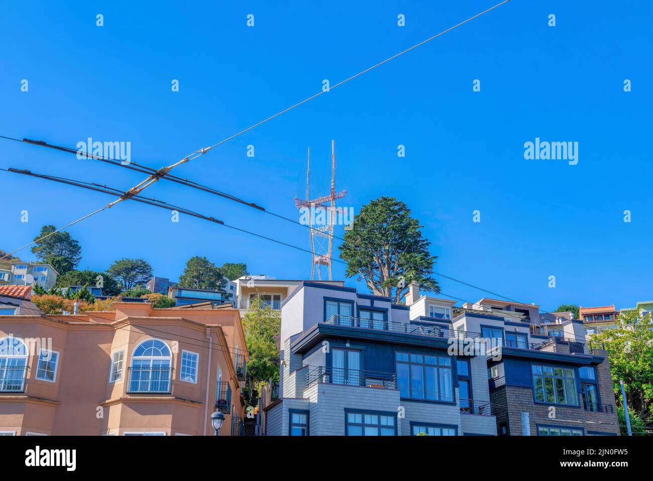 Cable car wires at the front of residential buildings near the Sutro ...