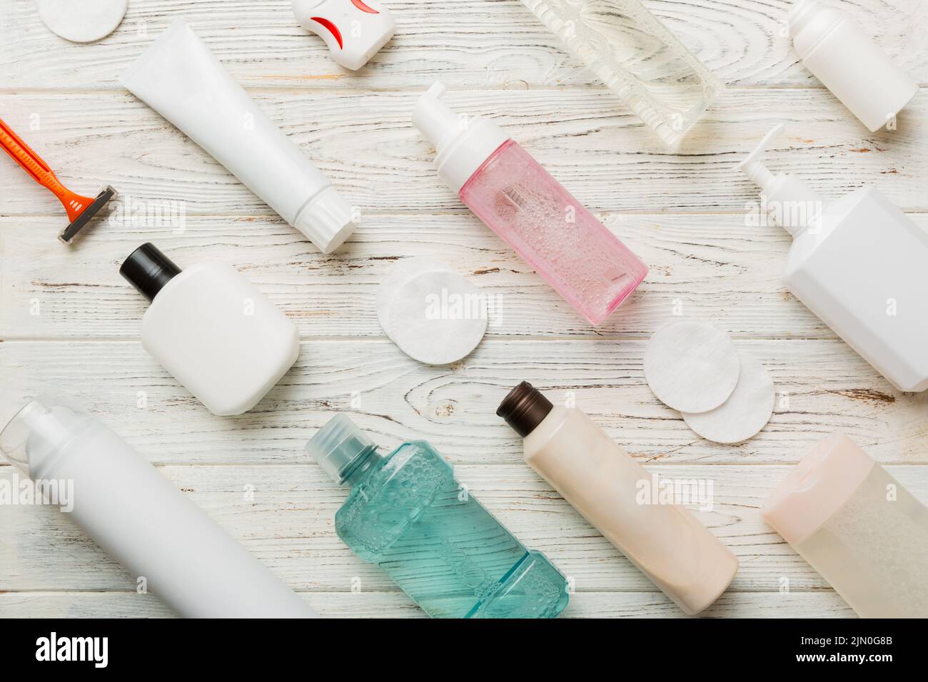 Mockup for bathing products top view flat lay, spa razor, toothpaste ...