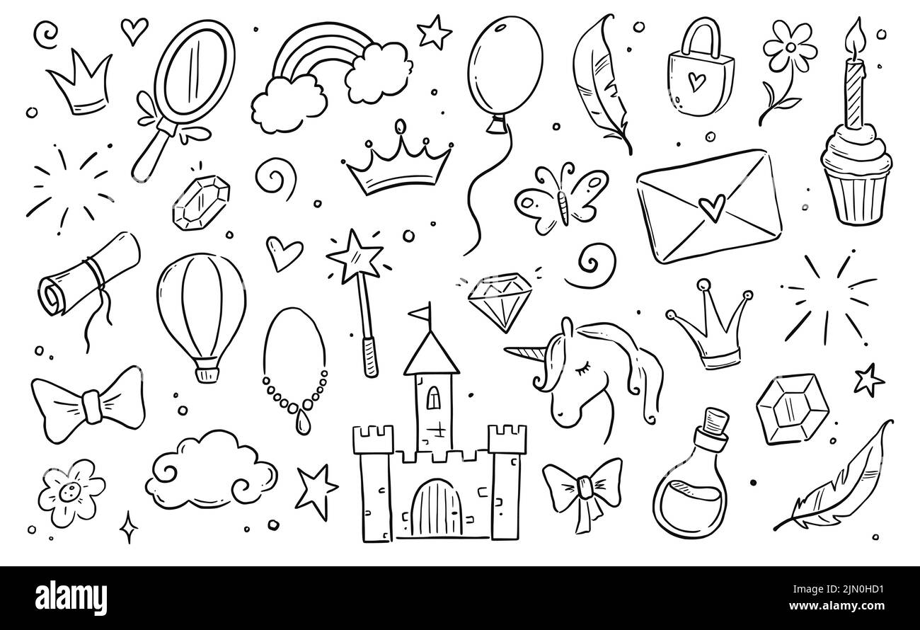 Hand drawn princess doodle set. Beauty cute girl princess accessories ...