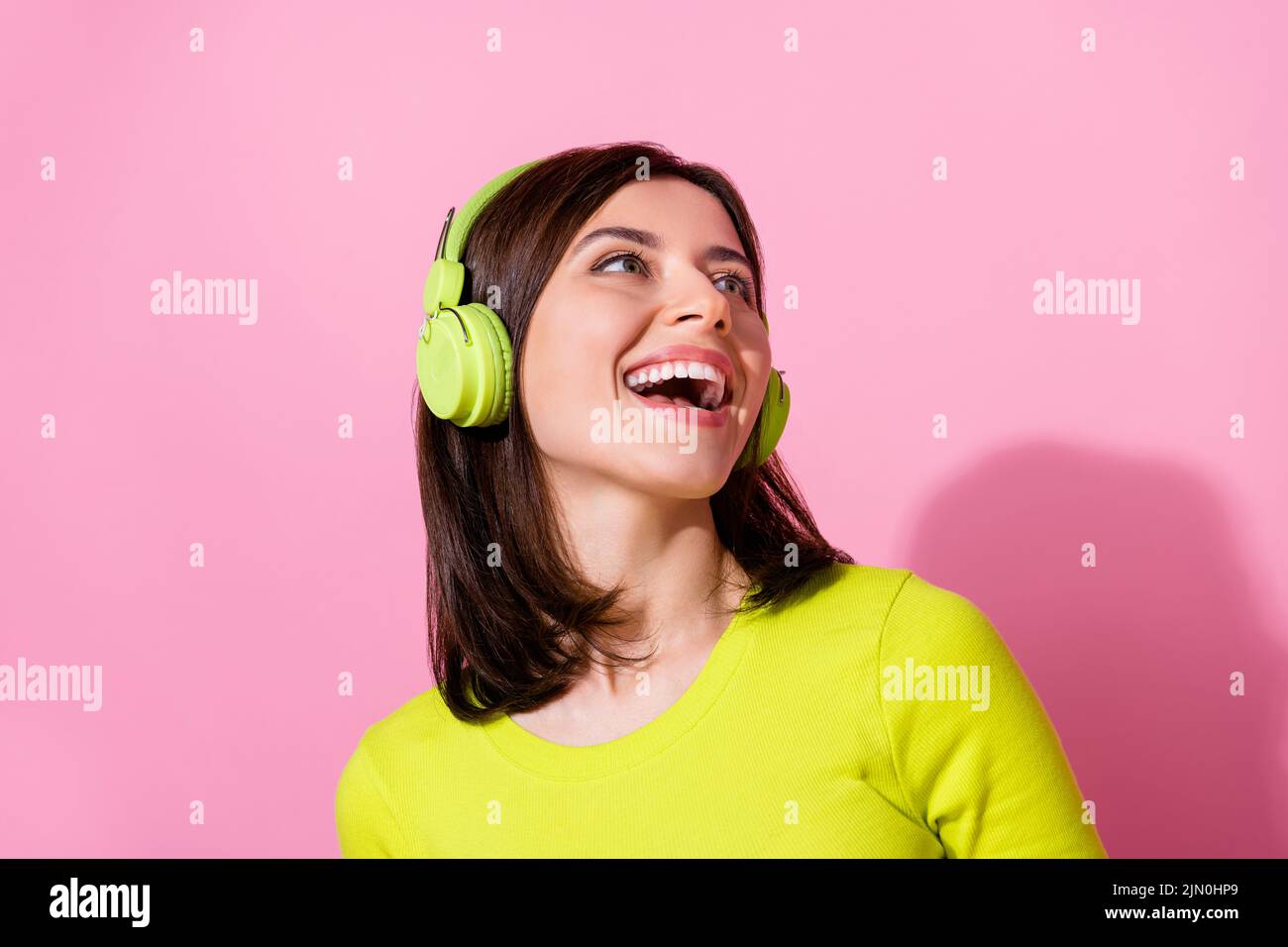 Close up photo of pretty satisfied person green lime color outfit good ...