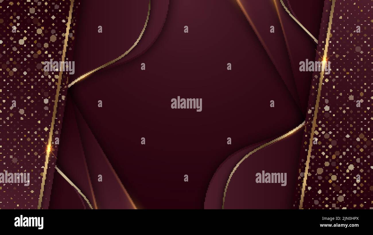 Abstract 3D red wave shapes layer and golden lines with shiny gold ...