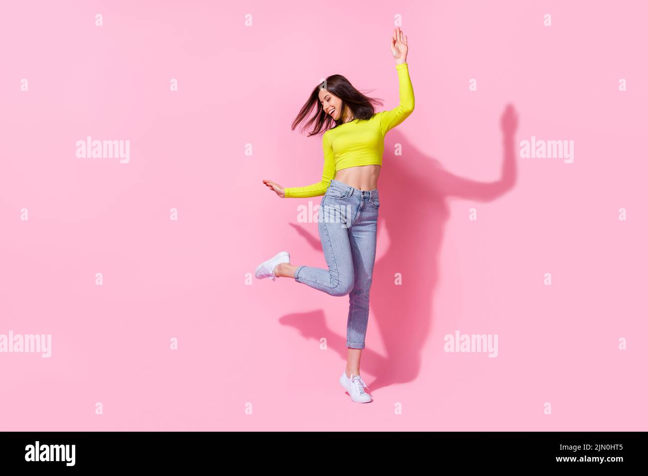 Full size portrait of overjoyed cheerful girl have fun good mood dance ...