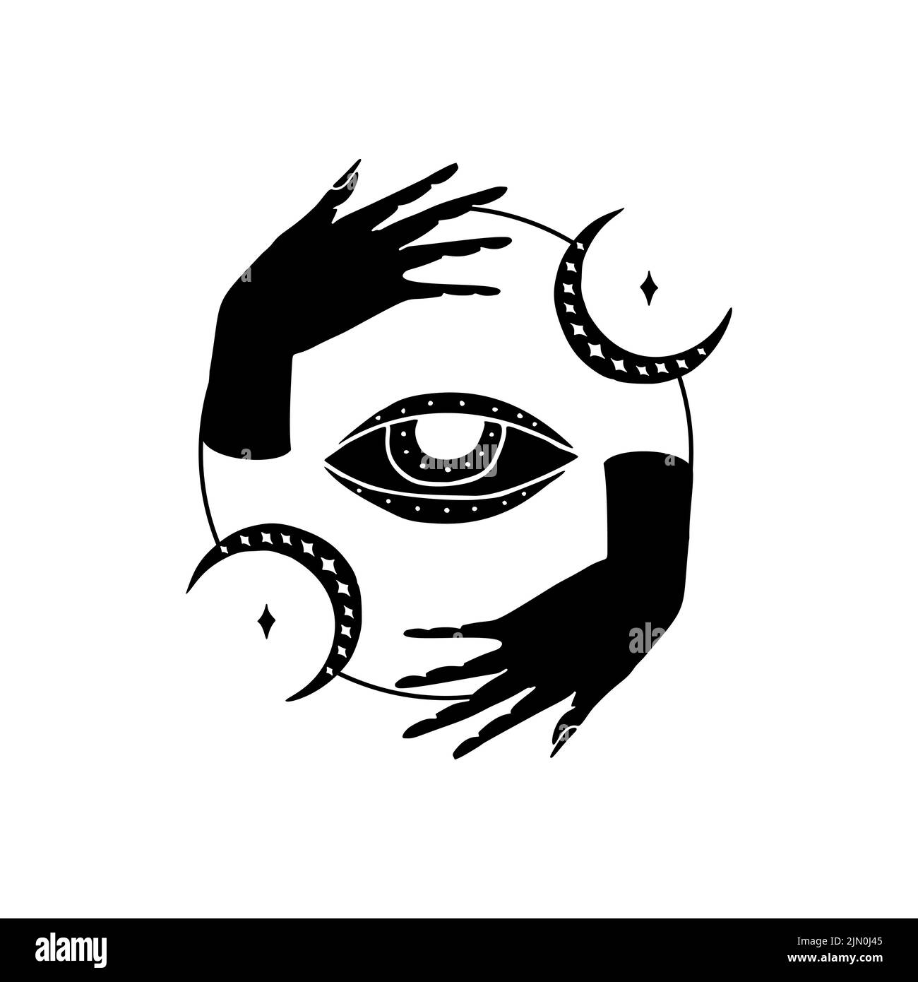 Black silhouette of witch hand with crescent moon and evil eye in round ...