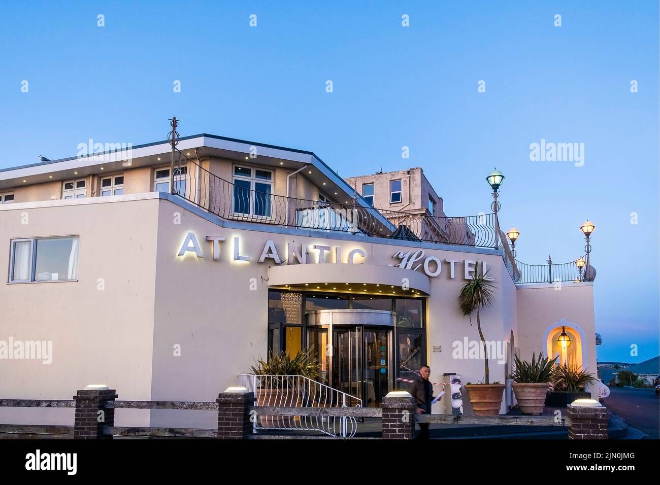 The entrance to The Atlantic Hotel in Newquay in Cornwall in the UK ...