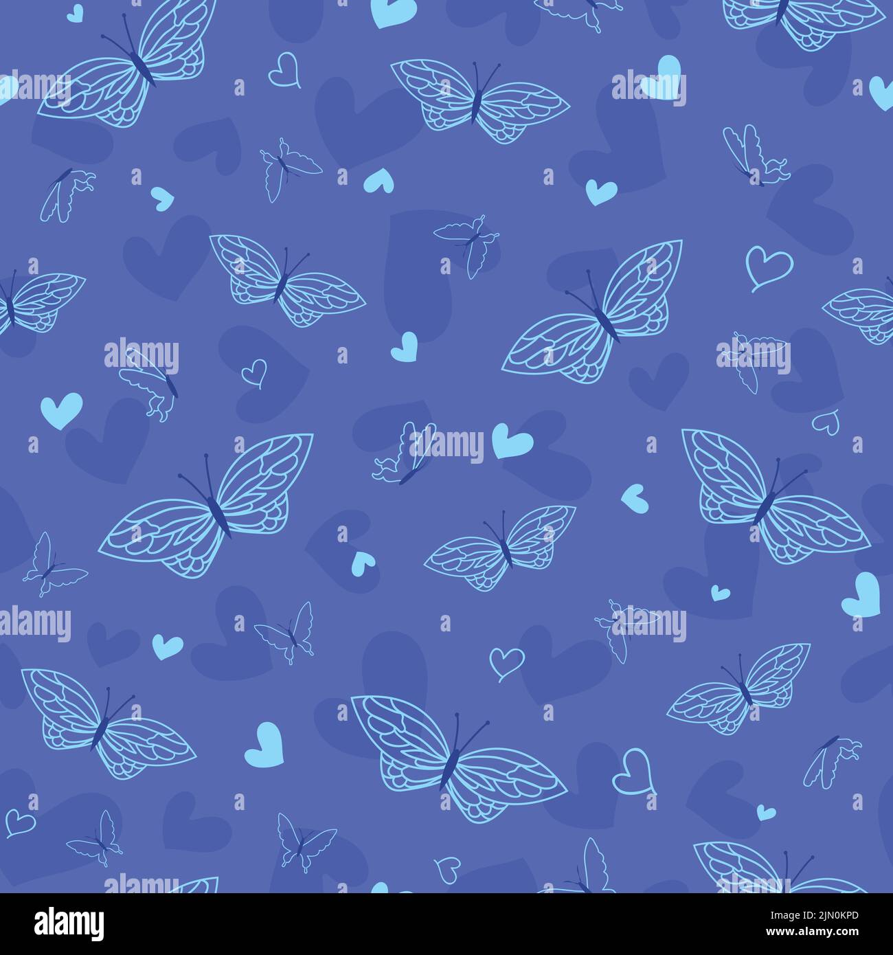 Blue vector hearts and butterflies modern seamless repeating pattern ...