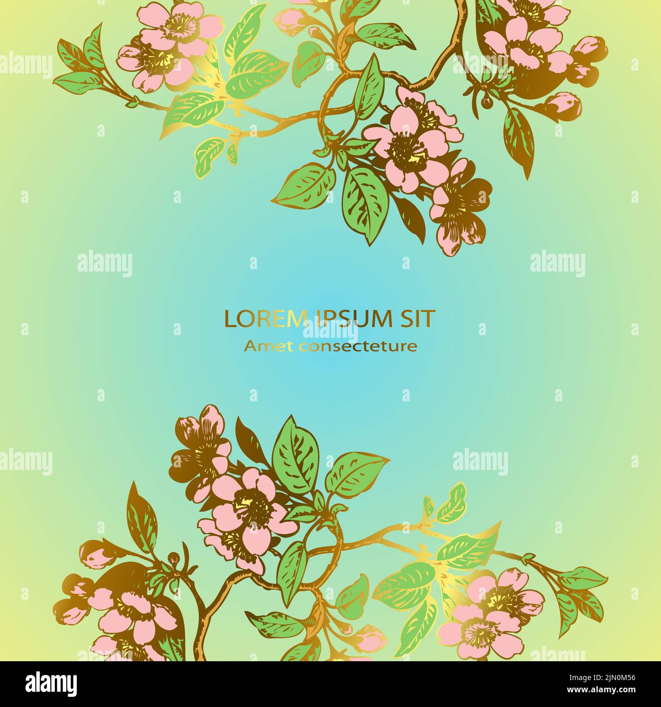 Drawing sakura flowers and leaves on branches border celebration label ...