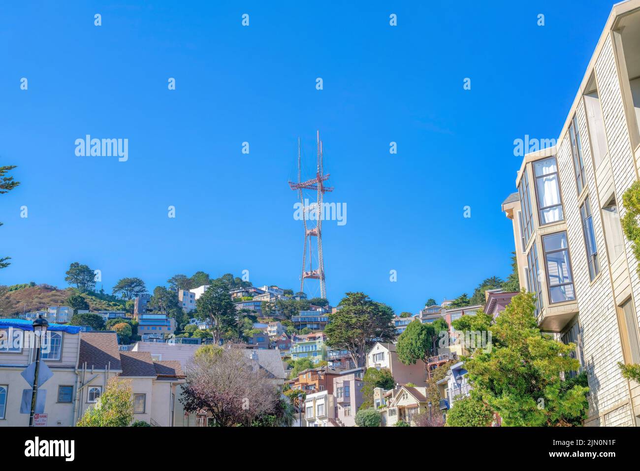 San Francisco, California- Sutro Tower over the dense house buildings ...