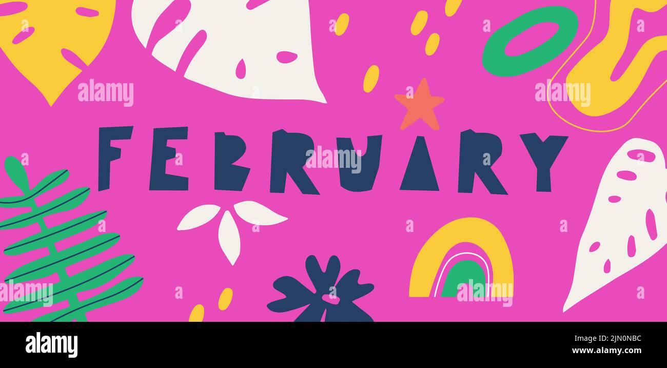 February. Abstract background with botanical doodles. Vector multicolor ...