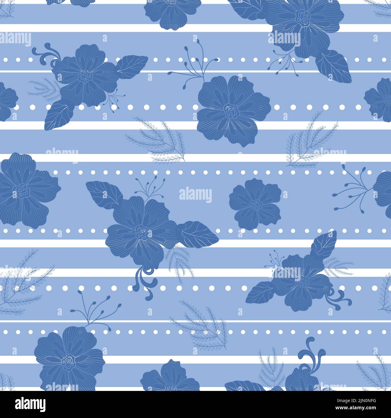 Vector blue white hand drawn floral stripes elegant seamless pattern ...