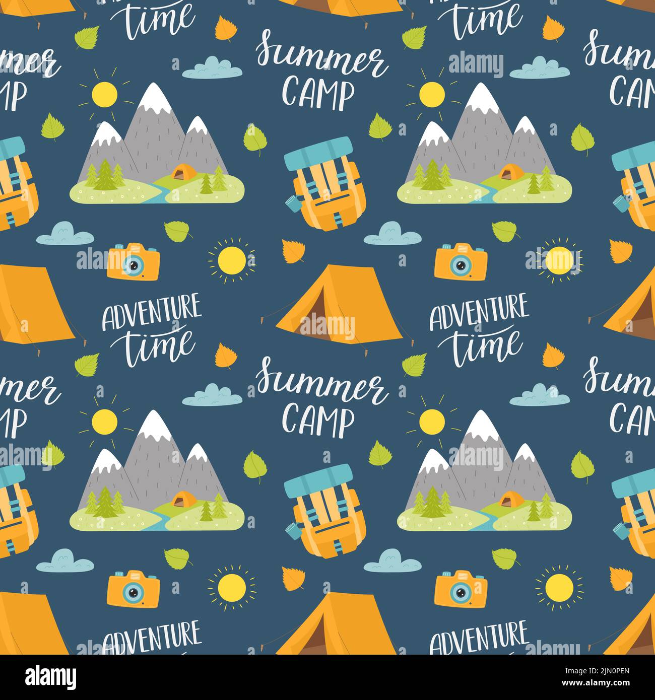 Travel, camping seamless pattern. Cartoon hand drawn hiking elements and lettering. Color ...