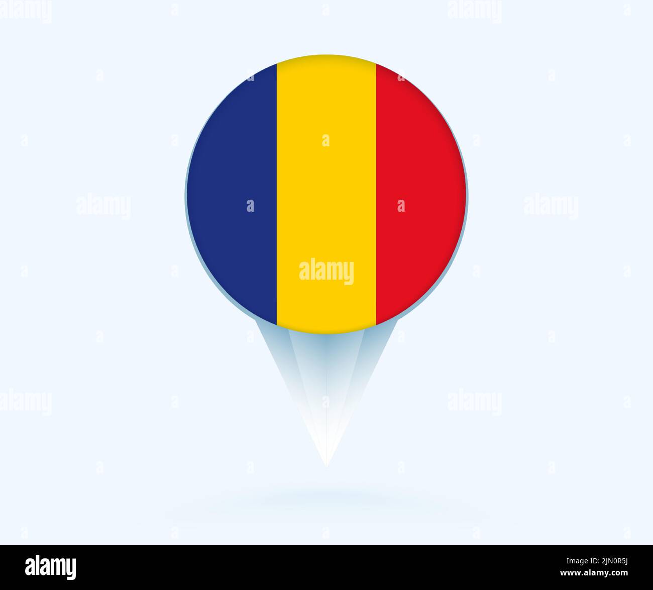 Map pointer with flag of Romania. Vector flag sign on blue background ...