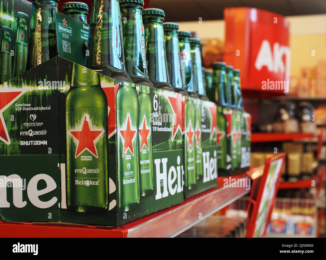 Boxes with bottles of Heineken beer on a shelf in a Spar supermarket ...