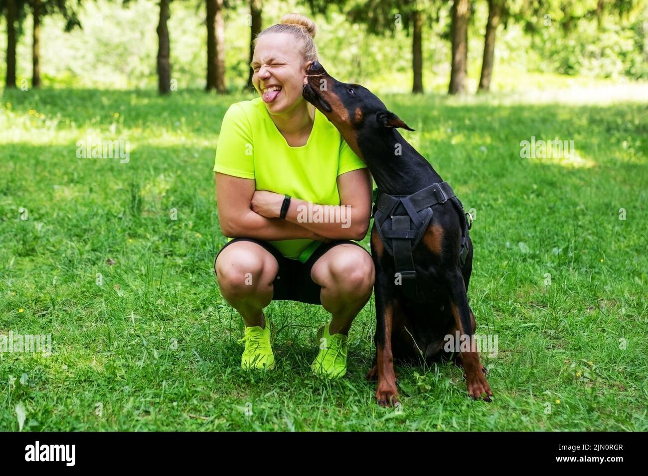 Girl with a doberman show love to each other. High quality photo Stock ...