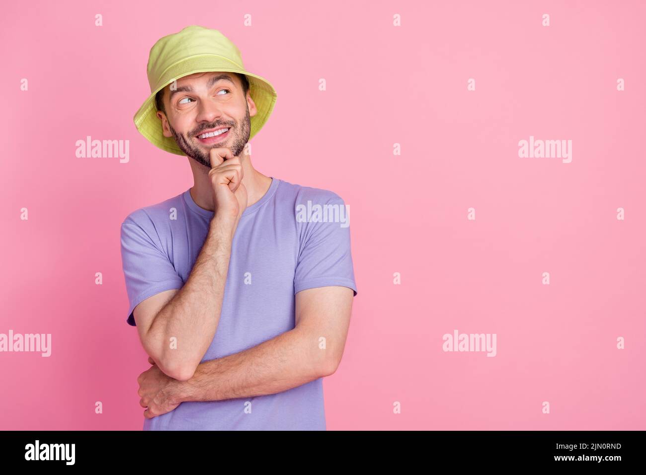 Photo of cunning mischief man boy arm touch face stand empty space ...