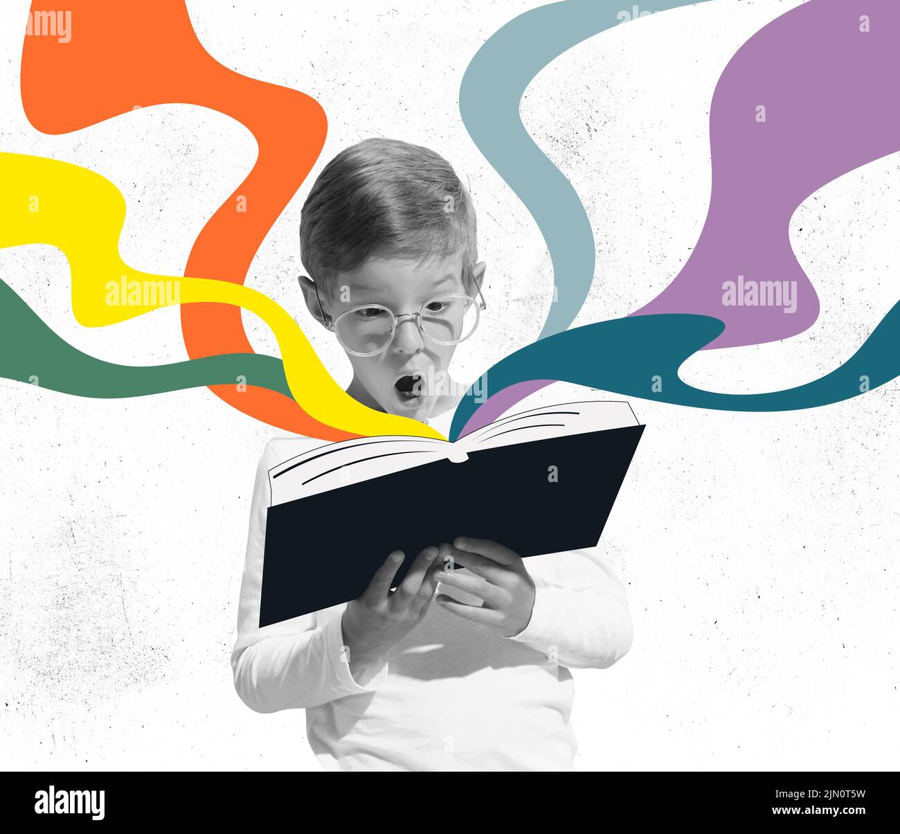 Surprised little boy with shocked expression reading book, story ...