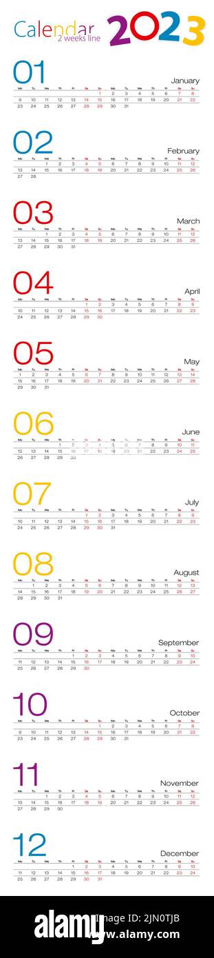 Year 2023 Calendar, 2 weeks line for different design. Vector calendar ...