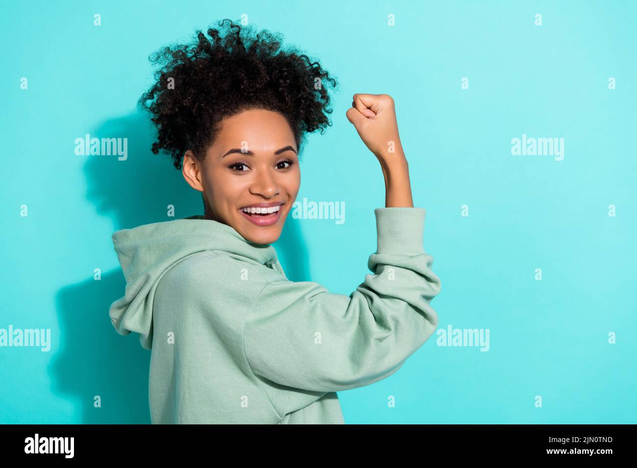 Profile photo of positive astonished person raise fist achievement ...