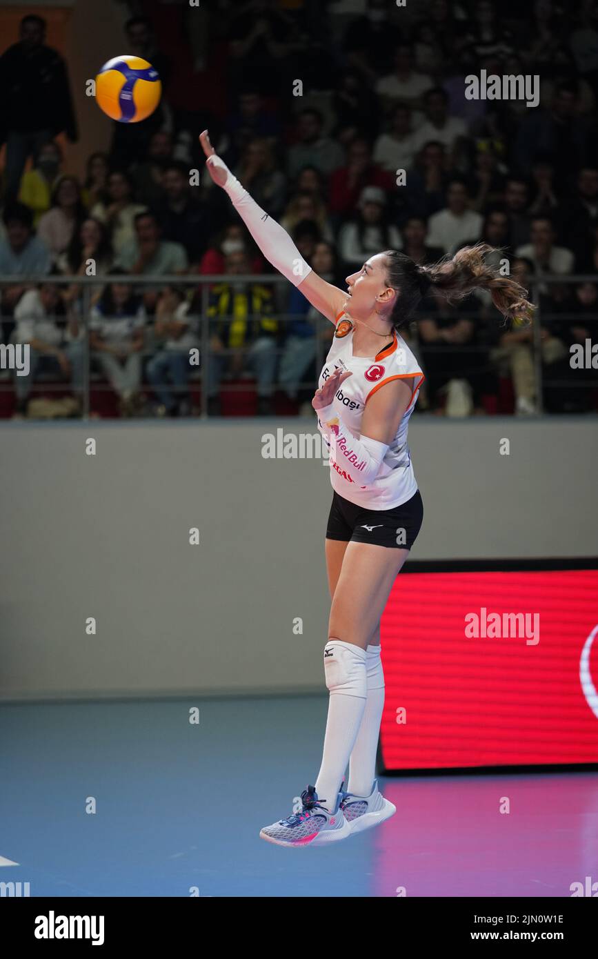 ISTANBUL, TURKEY - APRIL 22, 2022: Hande Baladin serves during ...