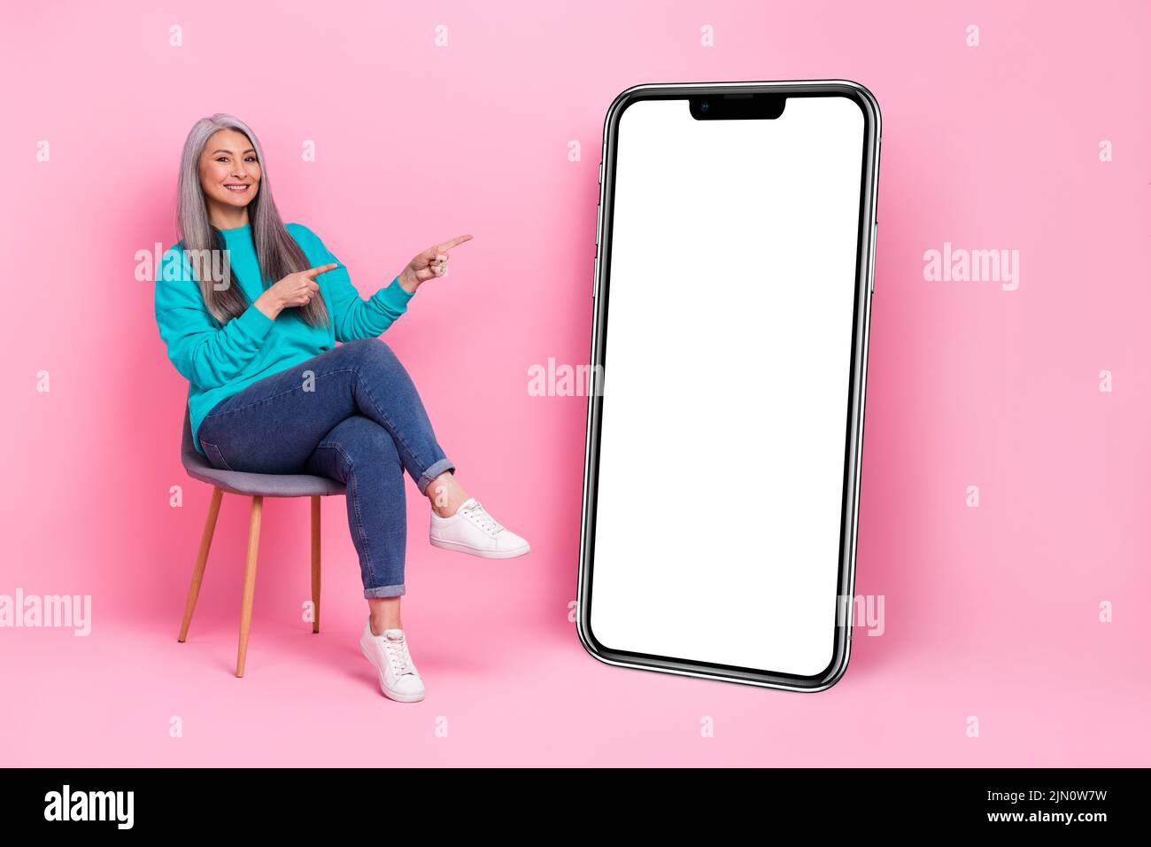 Photo of beautiful lady pensioner dressed blue pullover sitting chair ...