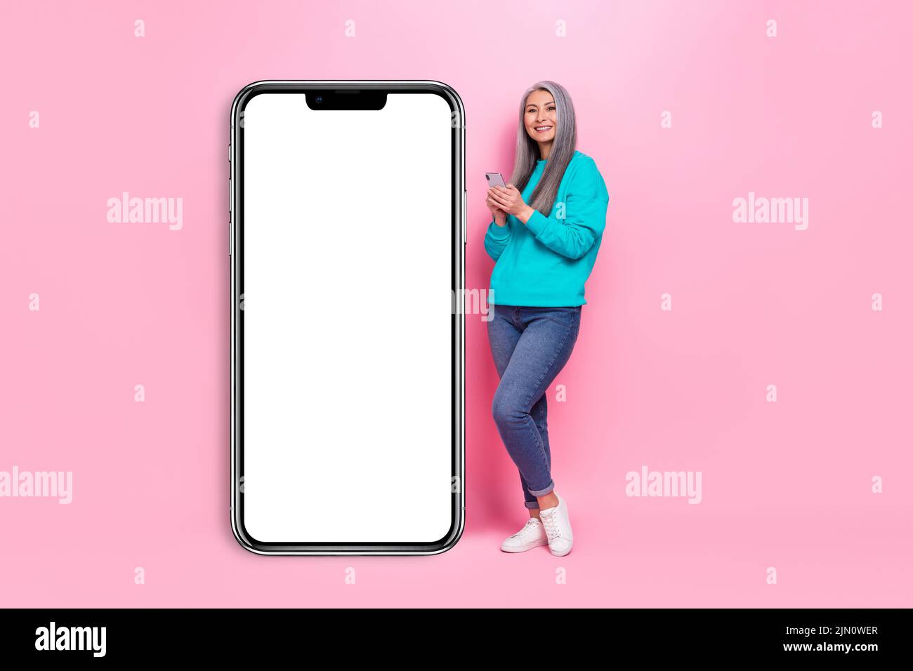 Photo of pretty beautiful lady pensioner dressed blue pullover writing ...