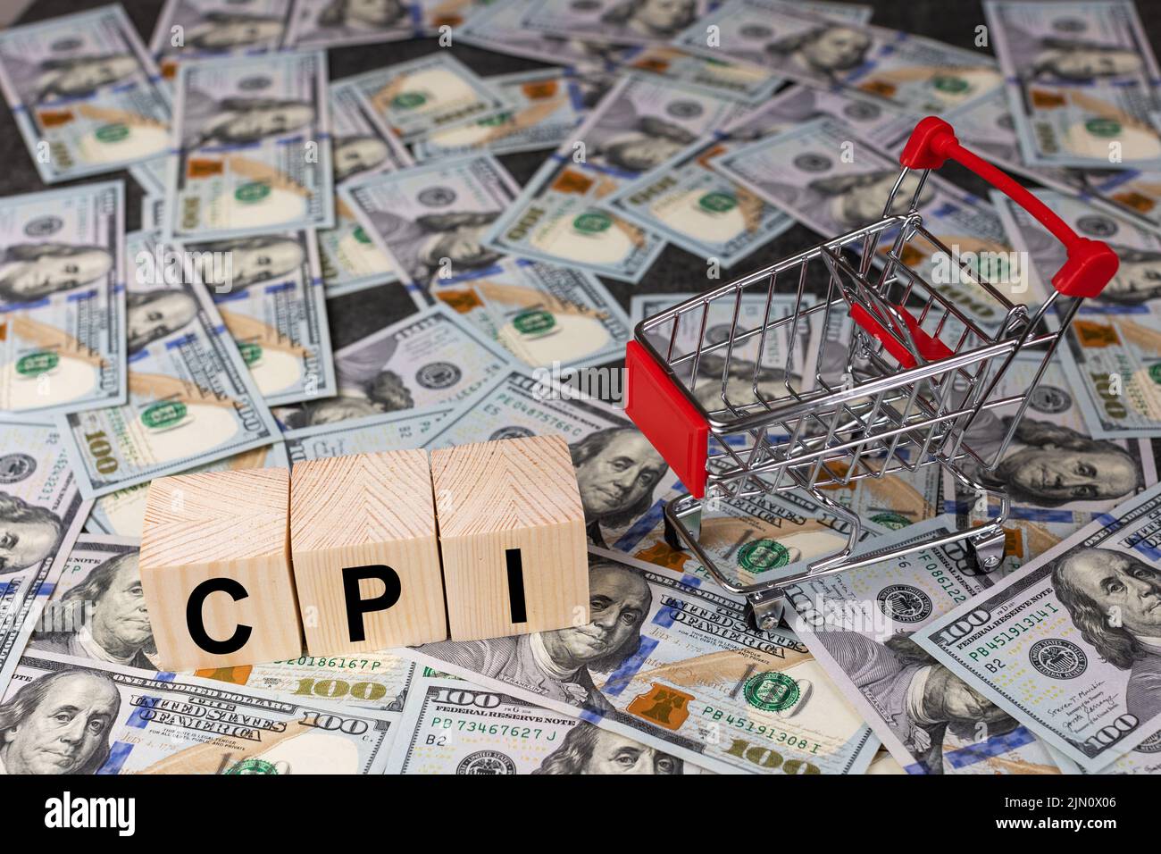Wooden block with the word cpi and an empty shopping cart on a ...