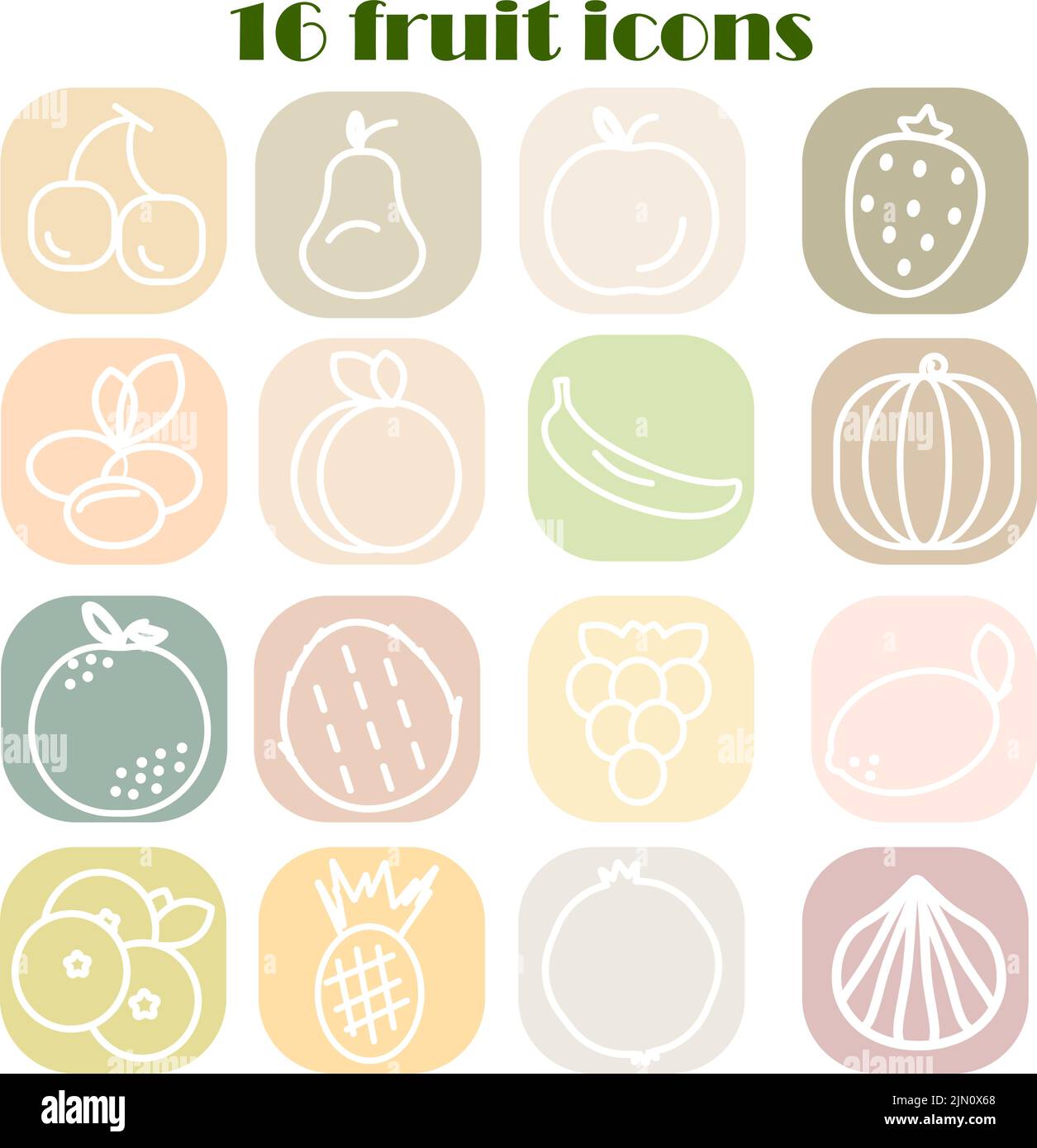 Set of sixteen fruit white icons on coloured stickers. Fruit outlines ...