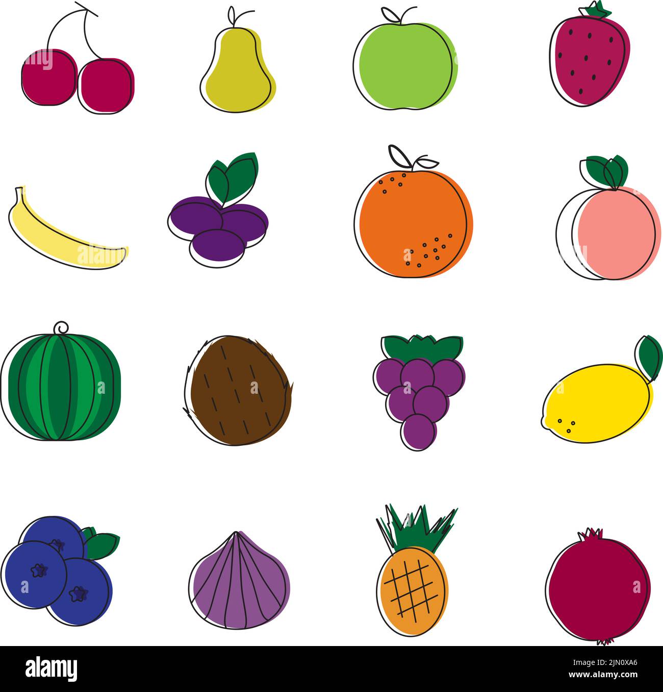 Set of sixteen colorful fruits icons on white background, isolated ...