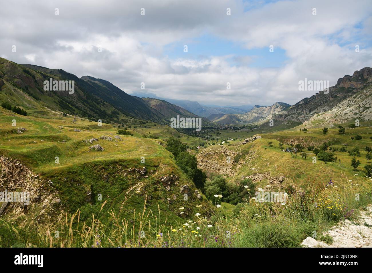 Beautiful view on the mountains valley between high peaks. Dagestan ...