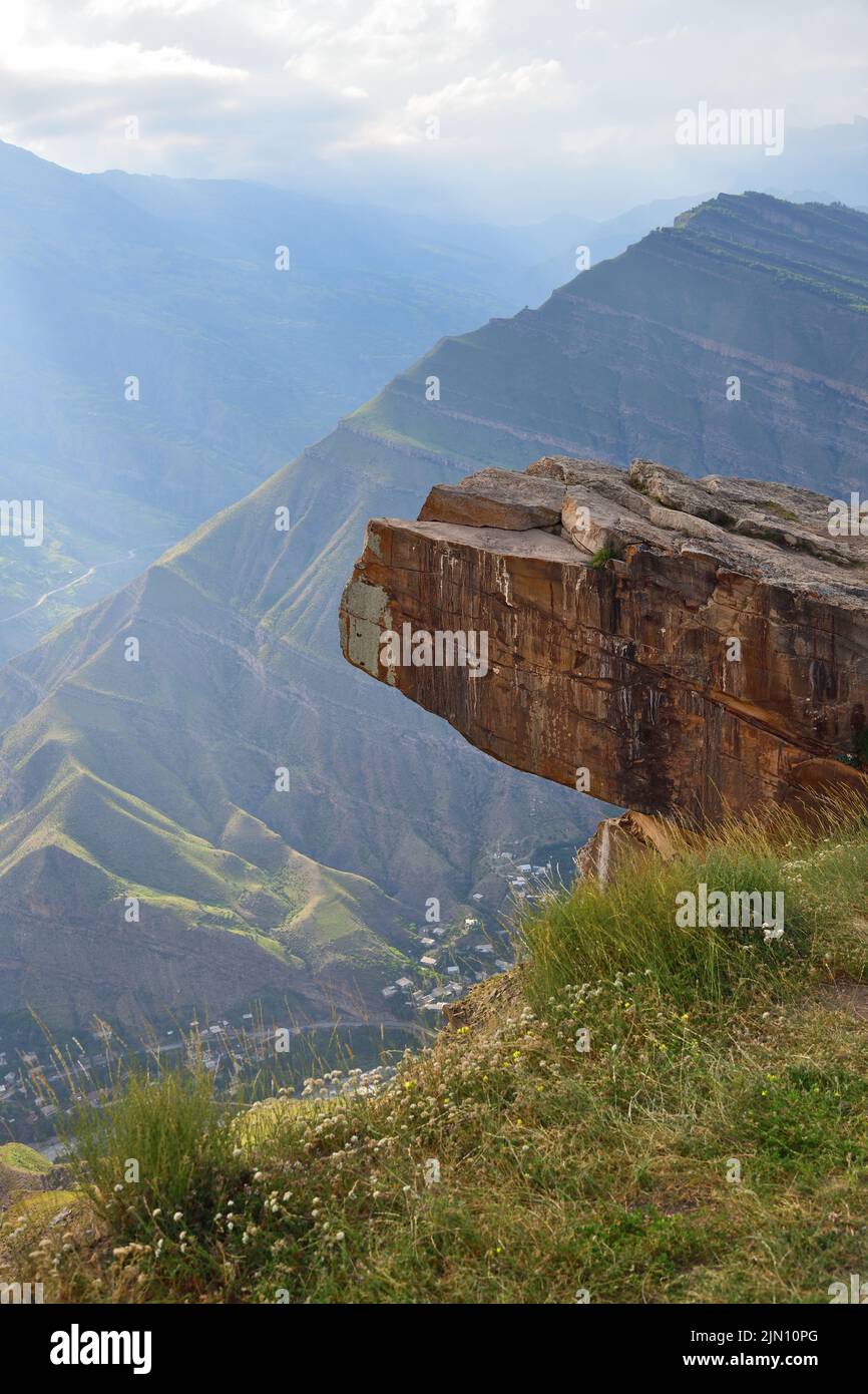 Panoramic view of the mountain valley. Dagestan scenery. Ledges of ...