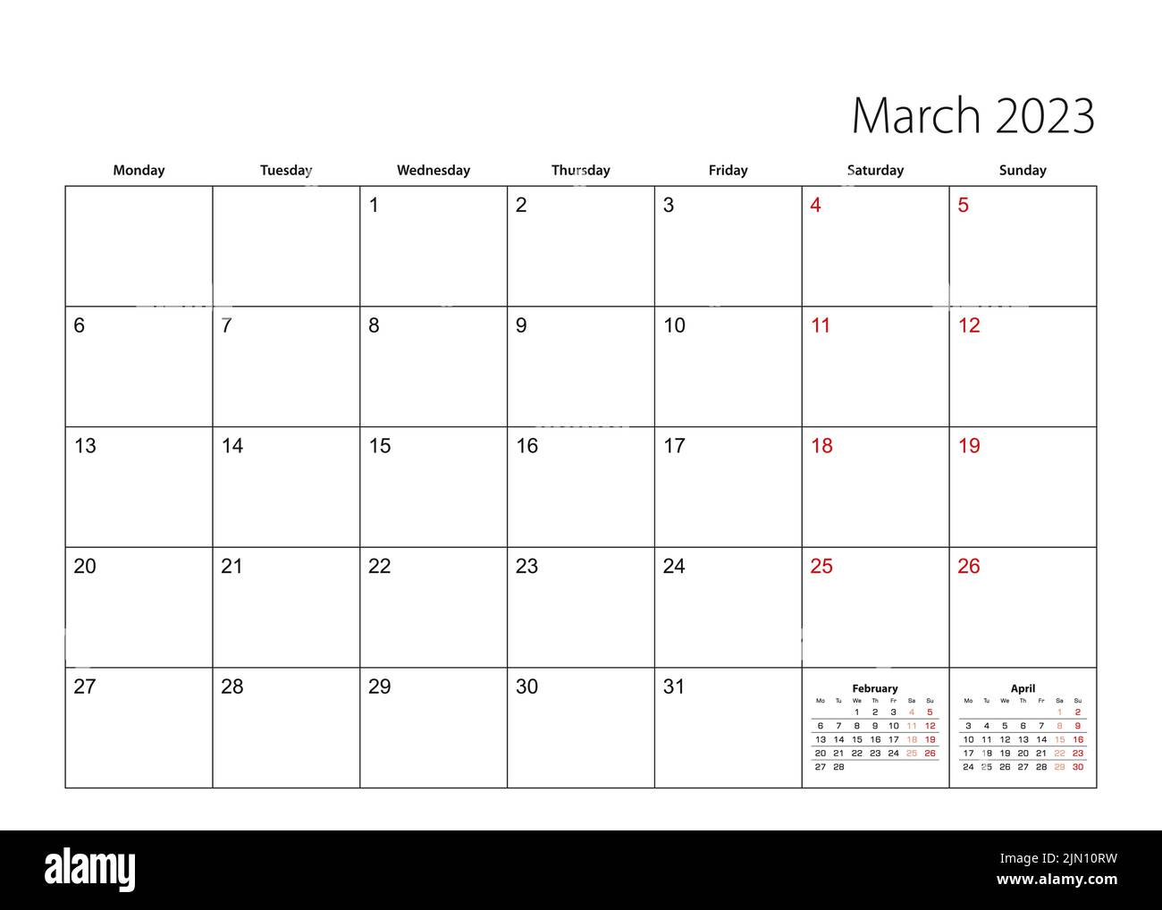 March 2023 simple calendar planner, week starts from Monday. Vector ...