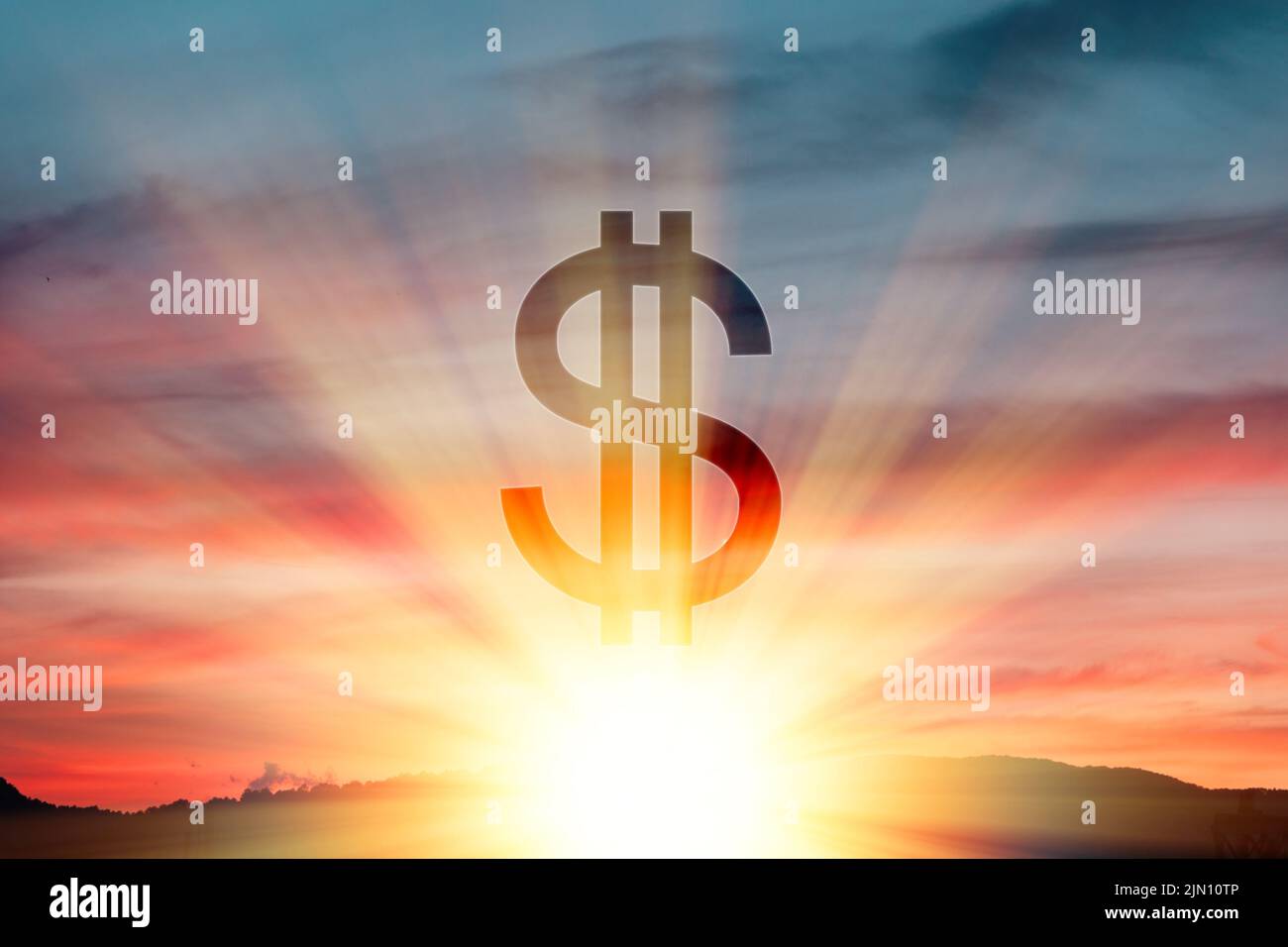 Dollar symbol on the background of a beautiful sunset or sunrise in the ...