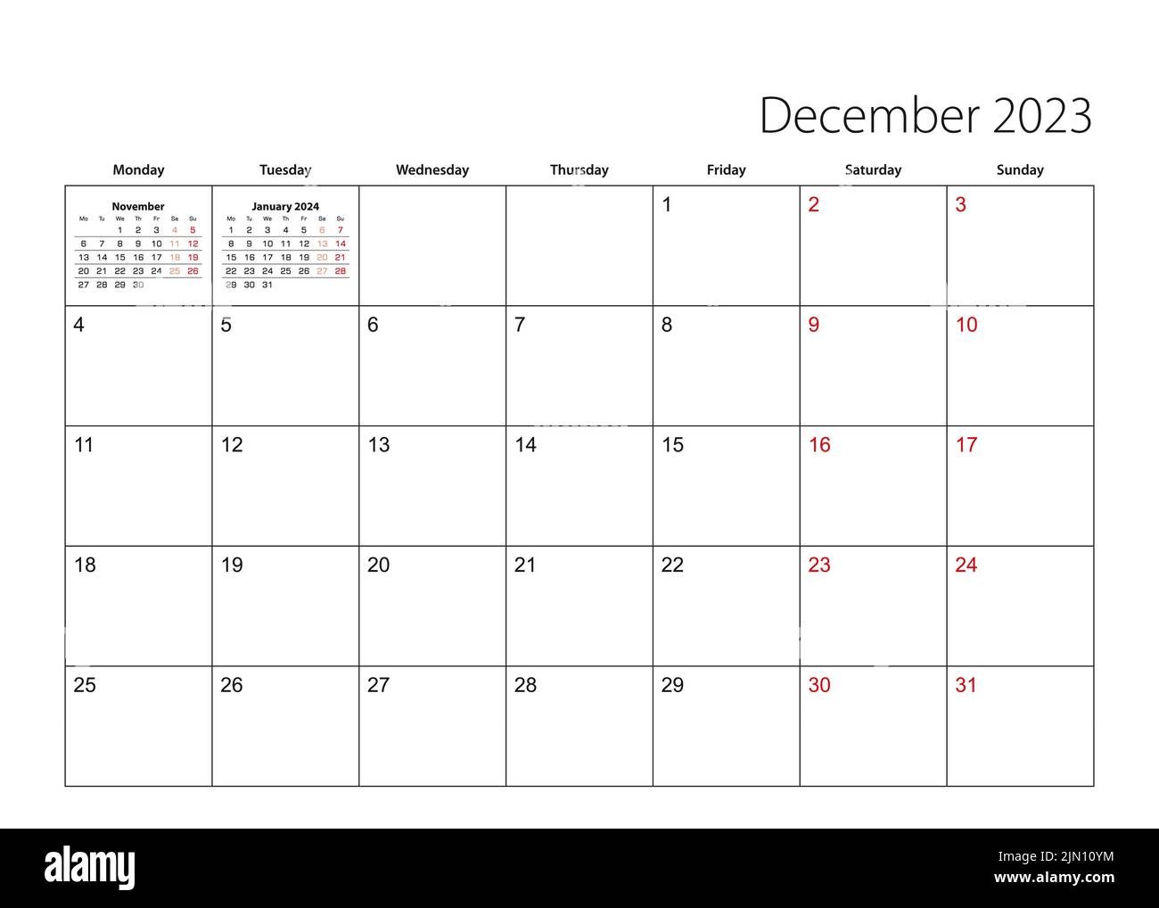 December 2023 simple calendar planner, week starts from Monday. Vector ...